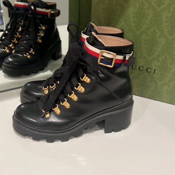 Gucci | Shoes | Gucci Sylvie Ribbon Trip Combat Lug Moto Hiking Boots ...